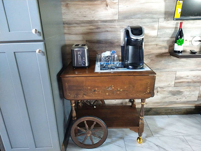 Start your day right with a fresh cup of coffee or a toast from our charming, vintage-inspired rolling kitchen cart.