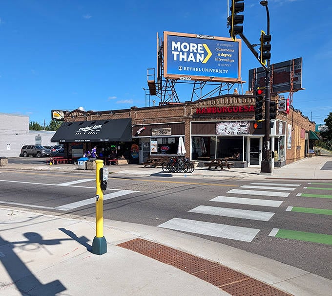 Outside: Situated on a bustling Minneapolis corner, El Gordo stands as a beacon for hungry souls seeking culinary adventure.