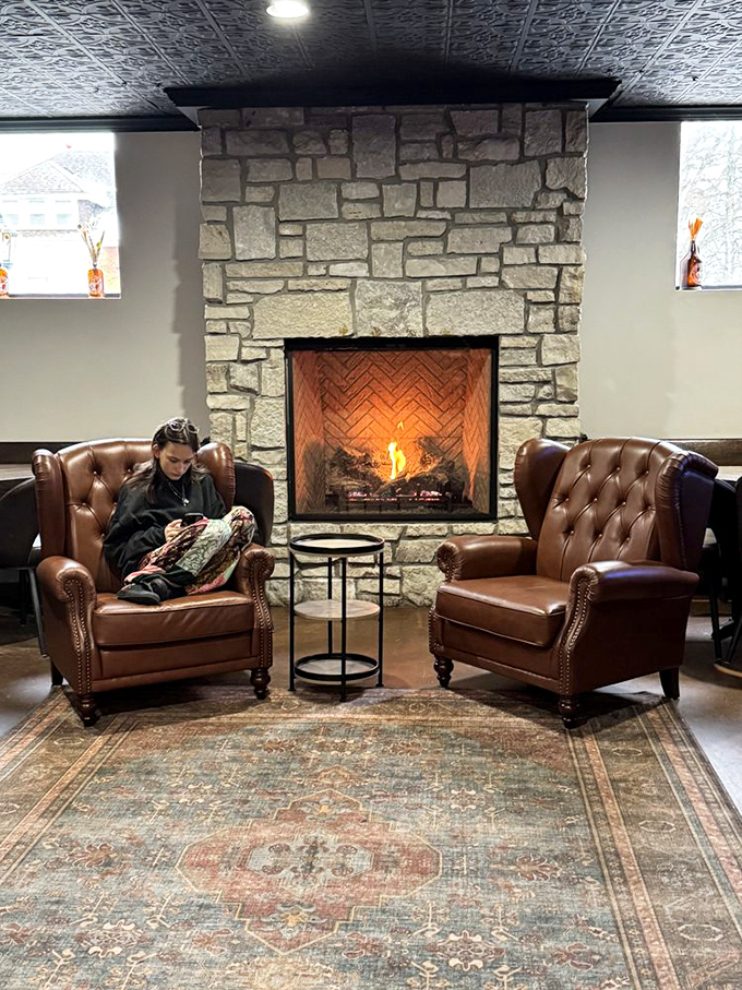 Leather armchairs flank a stone fireplace, creating the perfect nook for sipping a porter while Michigan's famous winter winds howl outside.