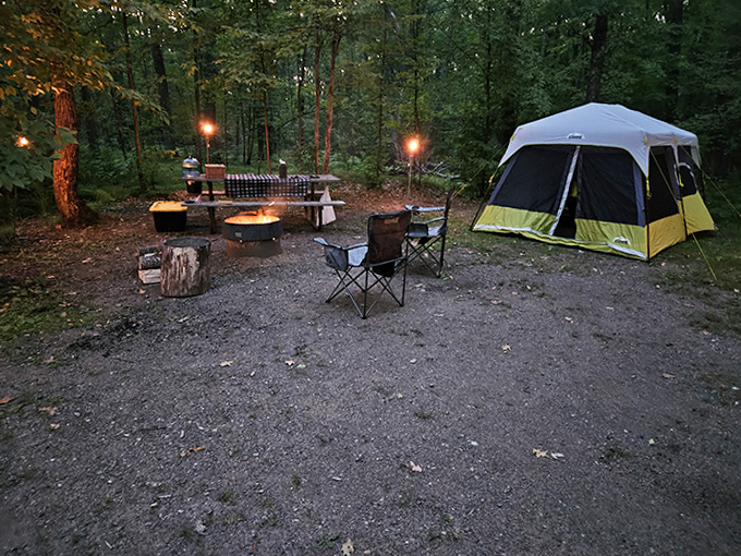 As darkness falls, this cozy campsite glows with promise &ndash; s'mores, stories, and stargazing await beneath Kathio's canopy of constellations.