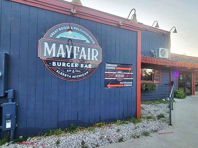 Mayfair Burger Bar's bold signage promises satisfaction for burger aficionados, a beacon for those seeking honest-to-goodness Michigan flavor.