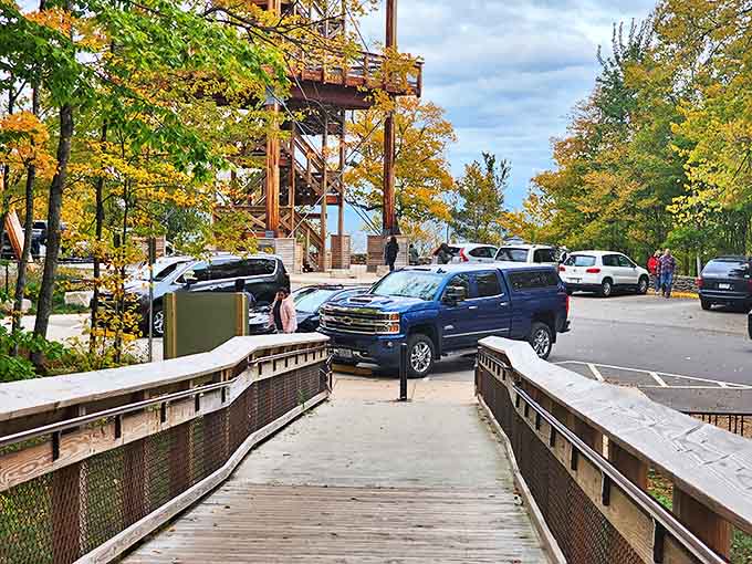 The path from parking to tower is well-maintained and welcoming, setting the tone for the adventure that awaits above the trees.