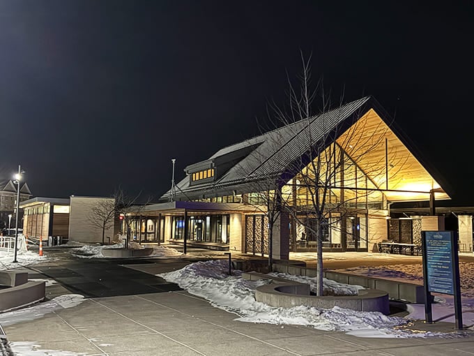 The Phenow Pavilion stands as your warming house headquarters, a modern structure where frozen extremities come back to life over hot chocolate.