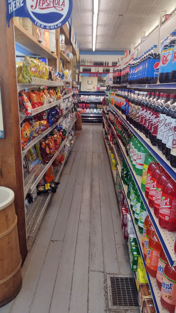 Grab-and-go goodness lines these shelves, offering road-trippers snacks for the scenic drive home after their pizza pilgrimage.