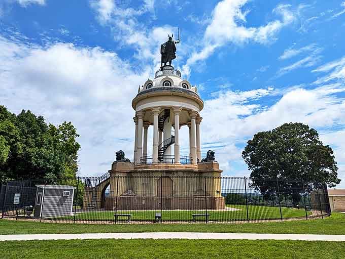 "Hermann the German" stands sentinel over New Ulm, a 102-foot copper tribute to Germanic pride that offers breathtaking valley views.