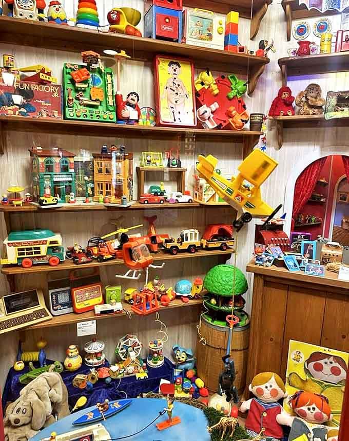 Vintage toys from decades past create a time machine effect, transporting parents back to the days when batteries were optional.