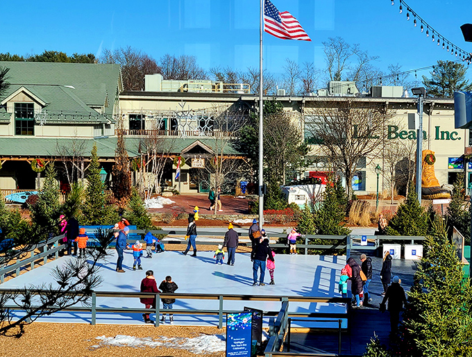 Winter brings a magical ice skating experience to the L.L. Bean campus, where families create memories against a backdrop of twinkling lights. 