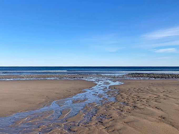 Water finds its path of least resistance back to the sea, carving miniature canyons in wet sand.