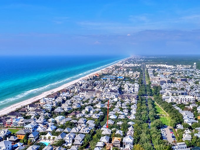 Aerial view reveals Rosemary Beach's thoughtful layout, where every path leads to either water, food, or fun.