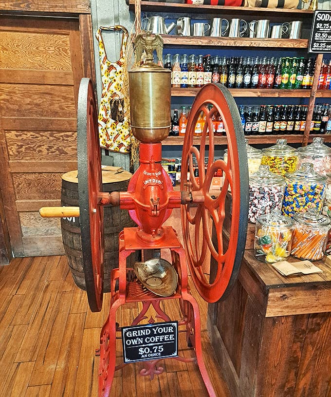 The hand-cranked coffee grinder stands ready for service, promising a brew with flavors that pre-ground beans can only dream about.