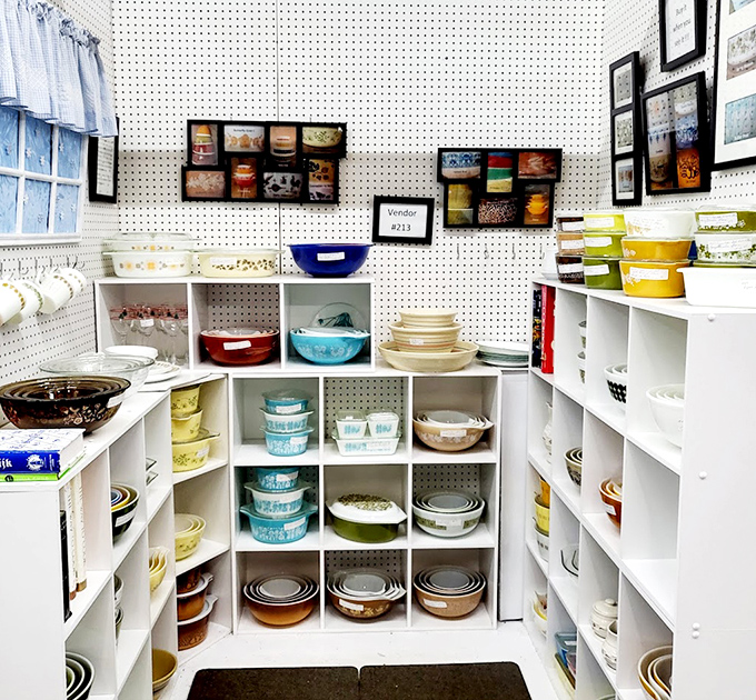 The Pyrex corner: where vintage kitchen enthusiasts come to gasp, point, and whisper, "My grandmother had that exact pattern!"
