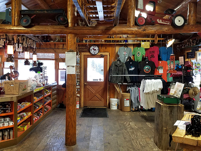 The gift shop area offers everything from practical outdoor gear to northwoods souvenirs that'll remind you of your adventure.