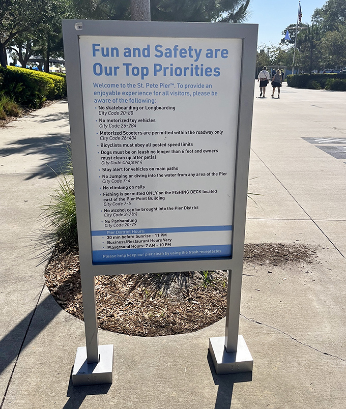 Safety first, fun second &ndash; this sign ensures everyone knows the rules for maximum enjoyment of St. Pete Pier's magnificent public spaces.