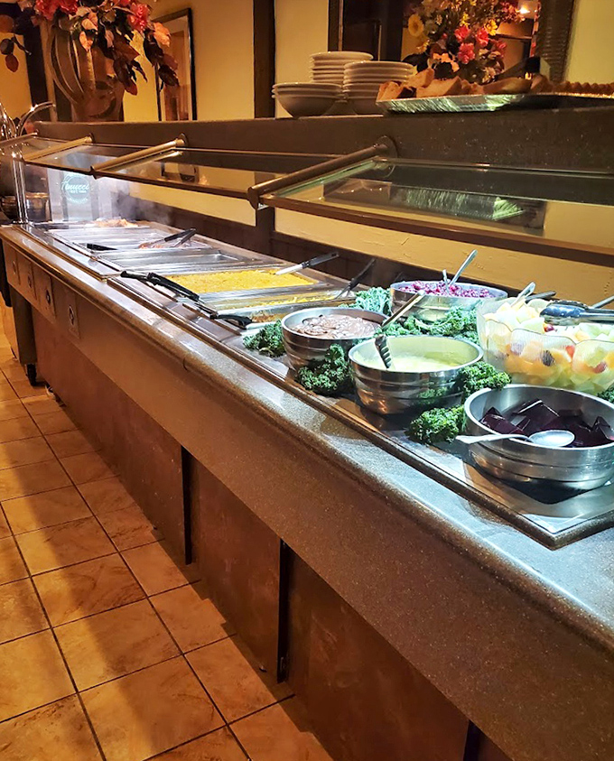 The salad bar features fresh ingredients that provide the perfect counterpoint to the heartier offerings on the buffet.