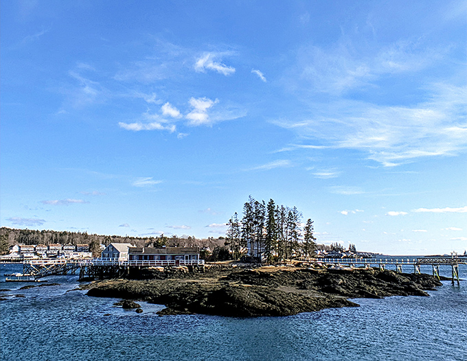 Where Maine's rugged coastline meets picture-perfect views. This rocky outcrop with its weathered pier perfectly captures why artists never run out of inspiration here.