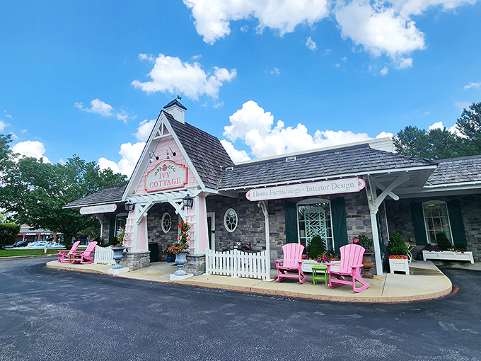 Ivy Cottage Collections brings storybook charm to shopping. Those pink chairs practically beg you to sit a spell and forget about your to-do list.