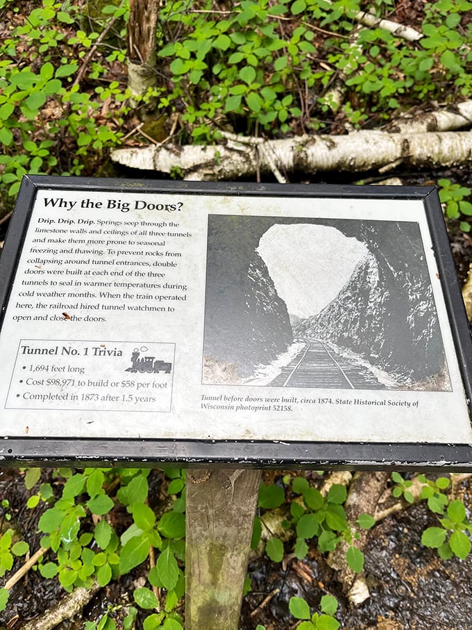 "Why the Big Doors?" sign explains practical tunnel engineering &ndash; preventing winter freezing required these massive wooden barriers.