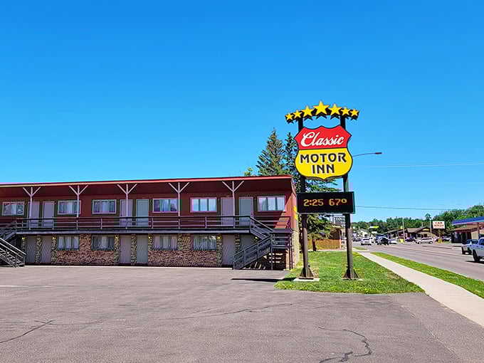 The Classic Motor Inn's vintage sign harkens back to road trip glory days, when family vacations meant playing license plate bingo and fighting for the window seat.