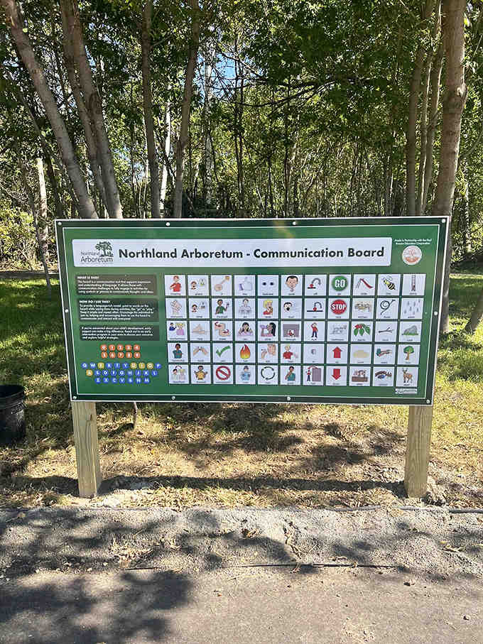 This thoughtful communication board ensures nature speaks to everyone, offering visual language tools that make the arboretum truly accessible.