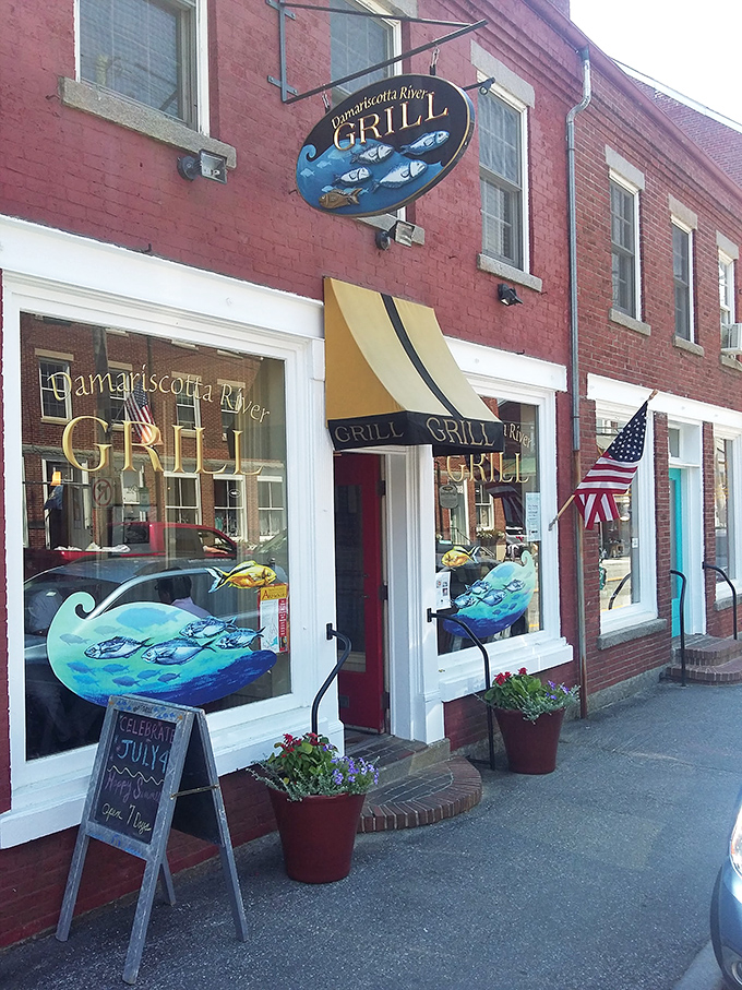 Damariscotta River Grill &ndash; where seafood this fresh deserves artistic signage to match. Those fish practically swim onto your plate!