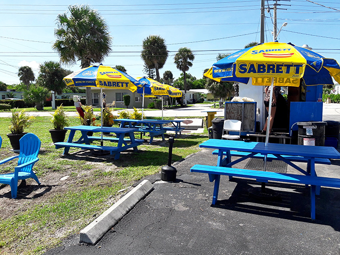 Dining Another Angle: Yellow Sabrett umbrellas dot the landscape like tropical flowers, providing shade for hungry patrons enjoying Florida's perfect hot dog habitat.