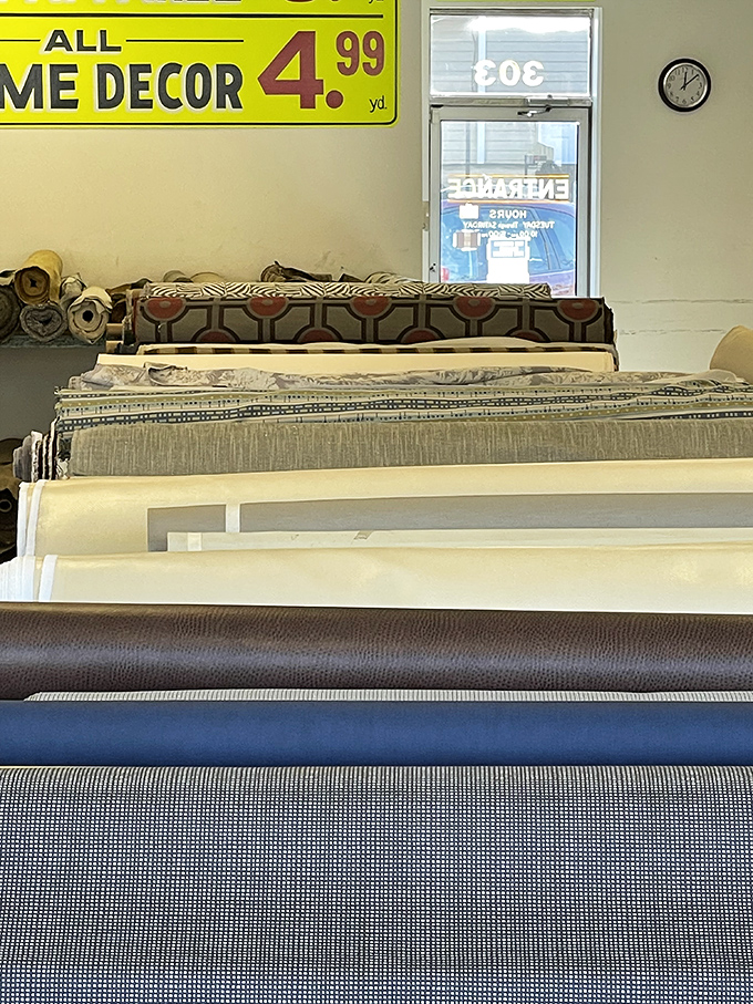Near the entrance, home decor fabrics tempt visitors to reimagine their living spaces one affordable yard at a time.