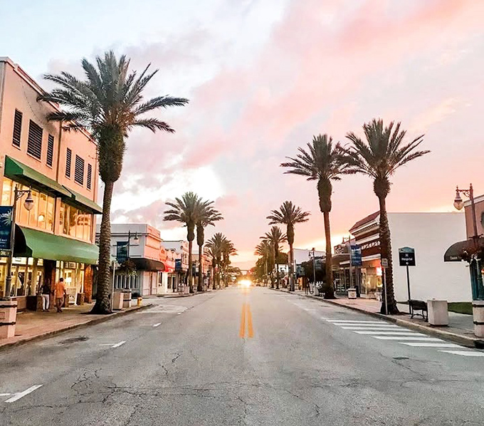 Flagler Avenue at sunrise bathes the historic street in rosy hues, before shops open and visitors begin their daily pilgrimage.