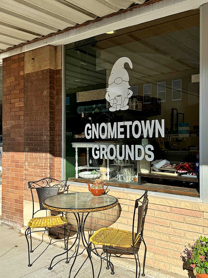 Gnometown Grounds serves as both coffee shop and unofficial gnome headquarters, where locals gather for caffeine, conversation, and community connection.