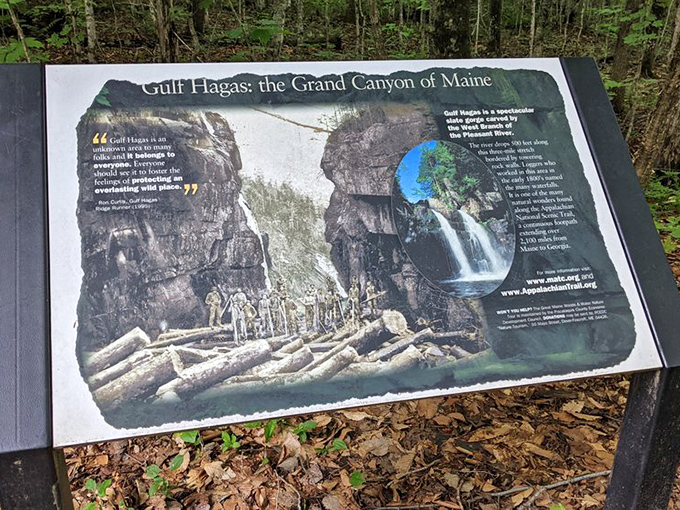 The Grand Canyon of Maine &ndash; this informational sign barely captures the majesty waiting just beyond, where water meets ancient stone.
