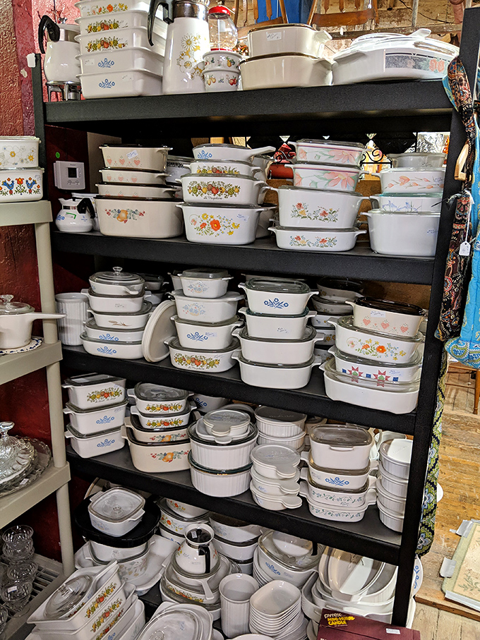 Corningware paradise! These floral-patterned dishes survived countless family dinners and potlucks, ready for a second act in your kitchen.
