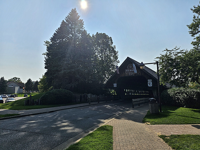 The approach to the bridge builds anticipation, promising visitors they're about to cross from ordinary into the extraordinary world of Frankenmuth.