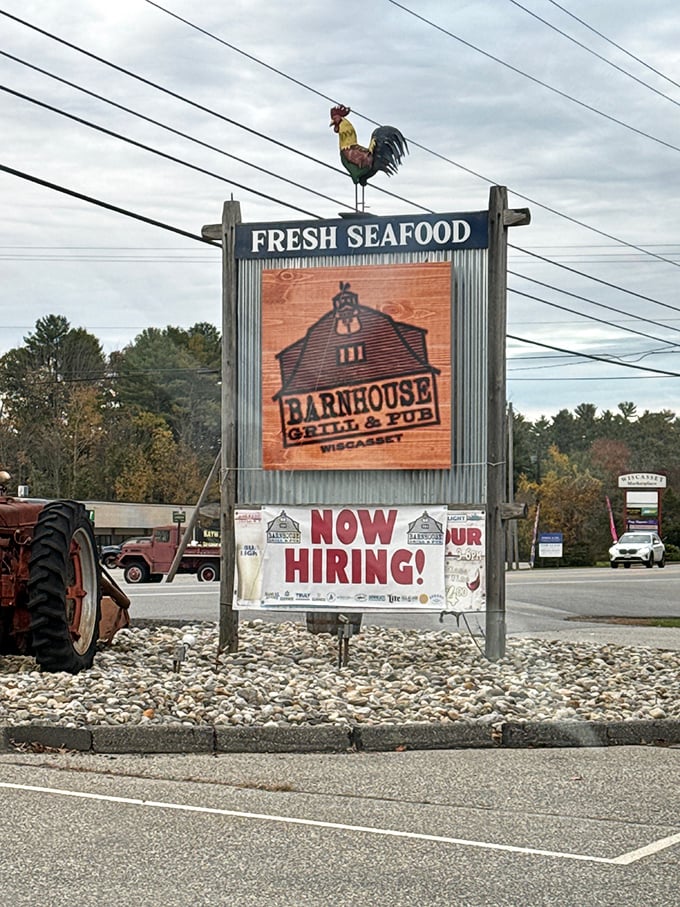 That iconic rooster stands proud above "Fresh Seafood," promising authentic Maine flavors that'll have you crowing with delight.