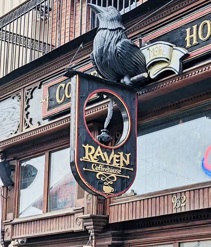 The iconic raven sculpture watches over Military Street, a literary sentinel inviting passersby into this unique Port Huron treasure.