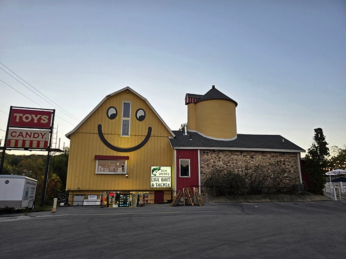 Smiley Barn Building: That yellow facade isn't just architecture; it's a mood-altering device visible from the interstate and effective at any speed.