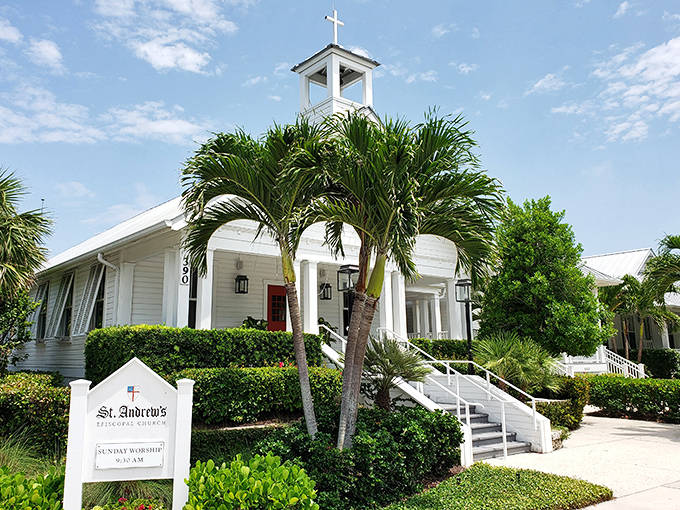 St. Andrews Episcopal Church stands as a serene sanctuary, its white clapboard and steeple creating a postcard-perfect image of island spirituality.