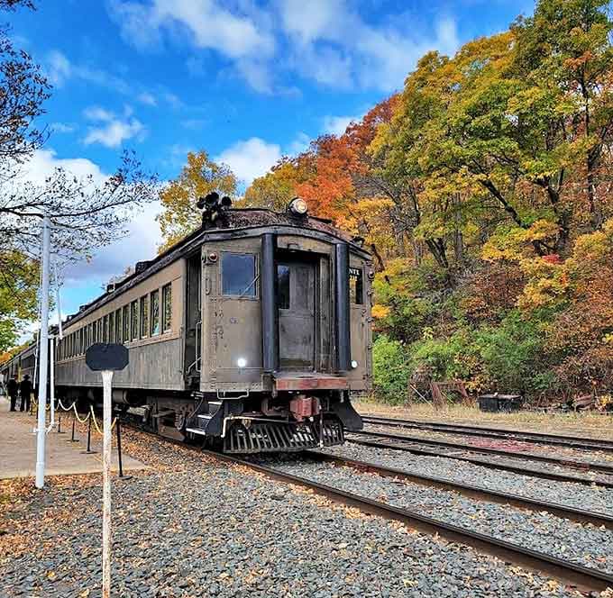 This vintage passenger car has witnessed decades of changing landscapes, its weathered exterior telling stories of countless journeys through America's heartland.