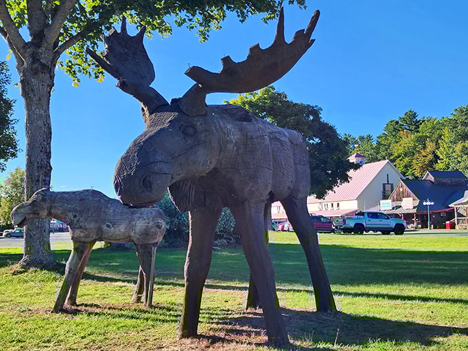 Wooden moose sculptures: Vermont's unofficial mascots, carved with chainsaw precision and standing guard over village memories.