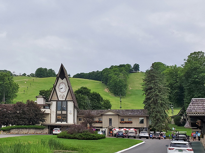 The resort's distinctive clock tower stands sentinel over the rolling Wisconsin landscape, marking vacation time that somehow always passes too quickly.