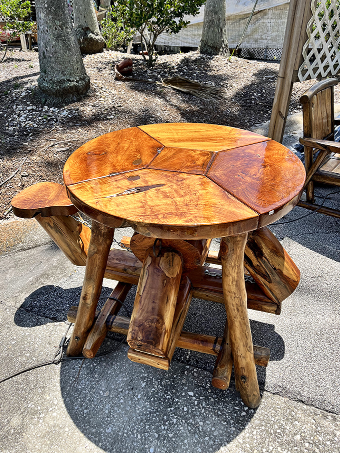 Nature's craftsmanship! This solid wood table showcases the raw beauty of timber transformed into functional art for outdoor gatherings.