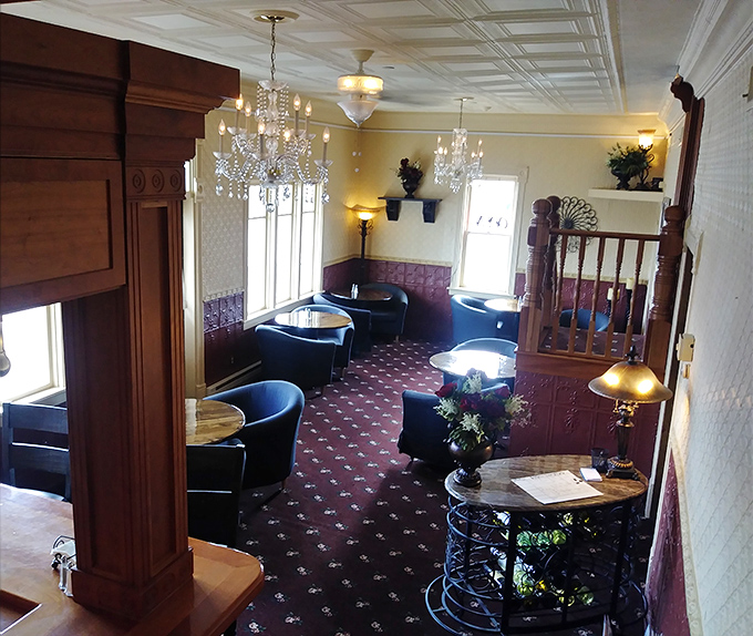 The upstairs lounge area features comfortable seating for guests who want to socialize or wait for paranormal activity, whichever comes first.