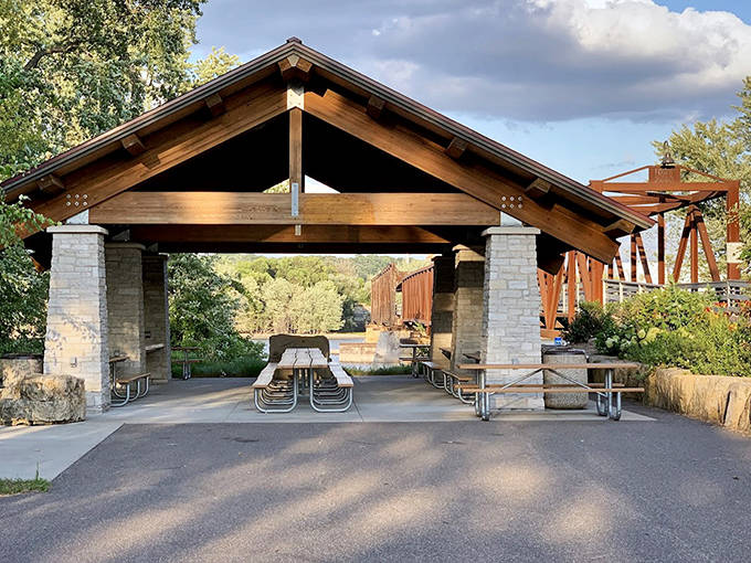 This thoughtfully designed pavilion provides welcome shade for picnickers and a gathering spot for community events year-round.