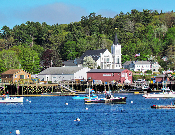 Boothbay's church steeple rises above the harbor like a spiritual lighthouse, anchoring the town in centuries of maritime tradition.