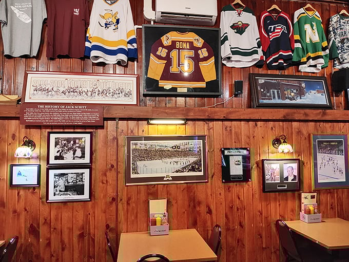 Hockey jerseys and memorabilia line the walls, telling the story of Minnesota's passionate love affair with the ice.