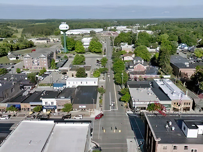 An aerial view reveals Clare's perfect grid of streets surrounded by farmland, showcasing how this small town serves as a hub for the surrounding countryside.