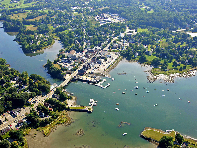Aerial view of Damariscotta &ndash; where land and water perform their eternal dance. Maine coastal perfection from every angle.