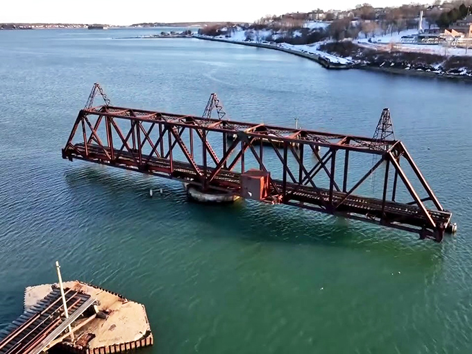 From above, the bridge's isolation becomes apparent &ndash; a man-made island of history surrounded by the waters that once made Portland a vital port.