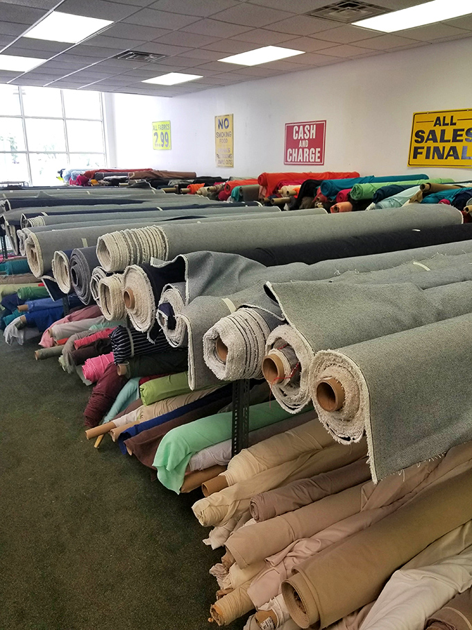 The meticulously organized chaos of fabric bolts creates aisles of inspiration where crafters lose track of time and find their next project.