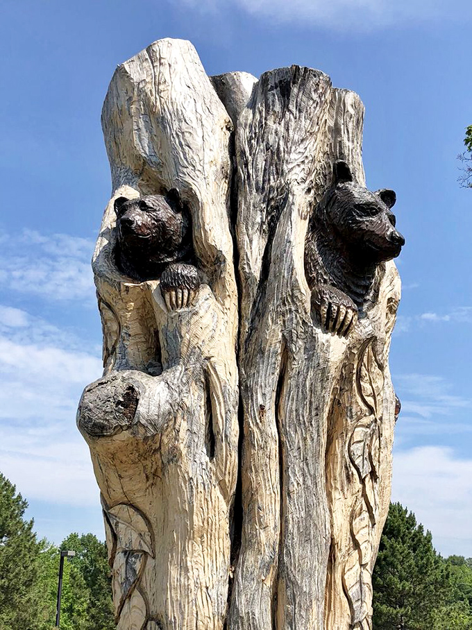 Whimsical wildlife sculptures like these playful bears add artistic charm to the grounds, celebrating Maine's rich natural heritage. 