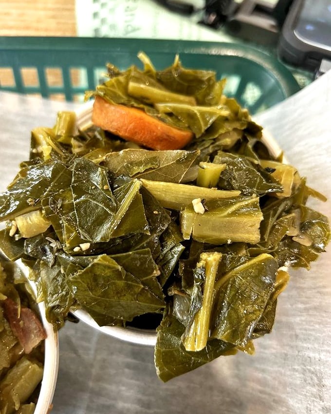 Collard greens cooked to Southern perfection &ndash; tender leaves swimming in pot liquor that contains more flavor than most restaurant entr&eacute;es.