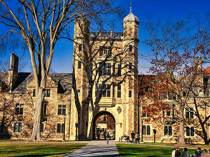 Framing the future through architecture from the past. Students pass through daily, mostly thinking about lunch rather than symbolic transitions.